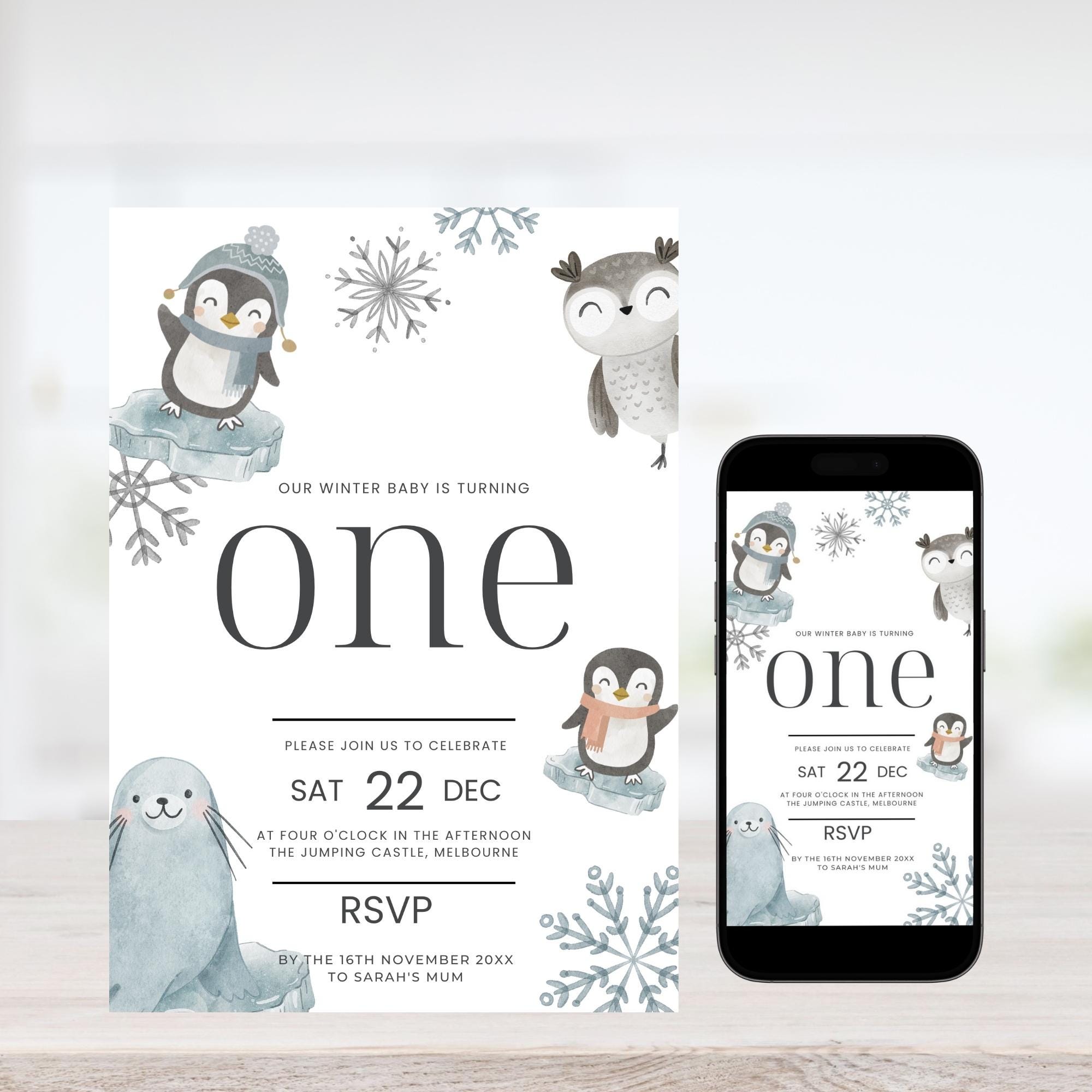 Editable Winter Arctic Animals Baby Shower Invitation - Gender Neutral ...