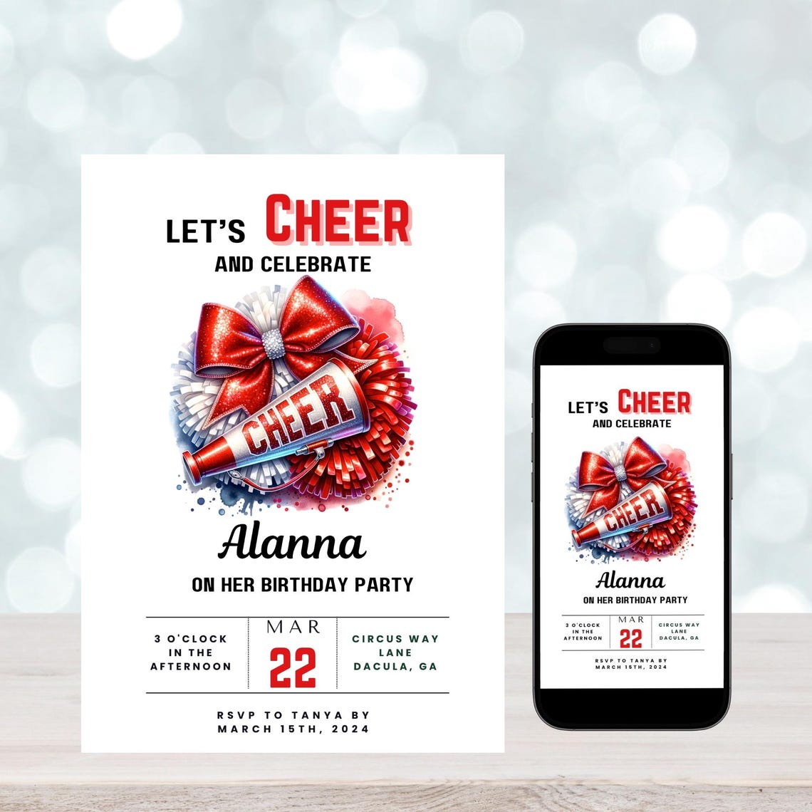 Cheer Birthday Invitation - Printable Cheerleading Party Invite ...