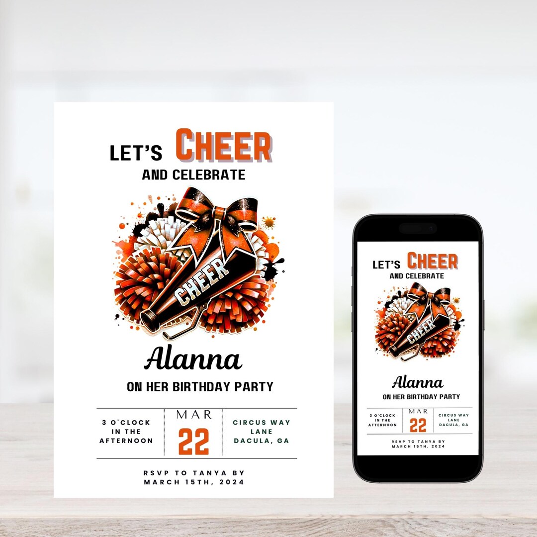 Cheer Birthday Invitation - Printable Cheerleading Party Invite ...