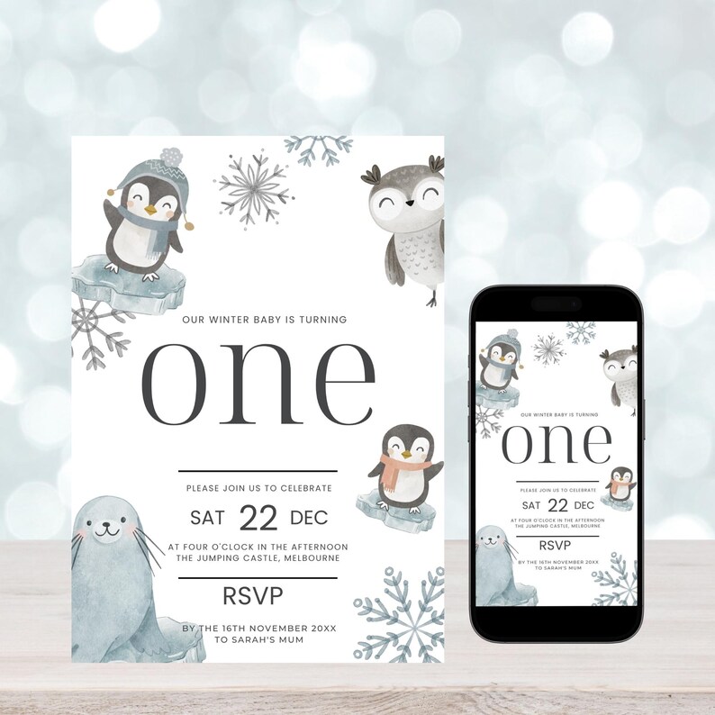 Editable Winter Arctic Animals Baby Shower Invitation Gender Neutral ...