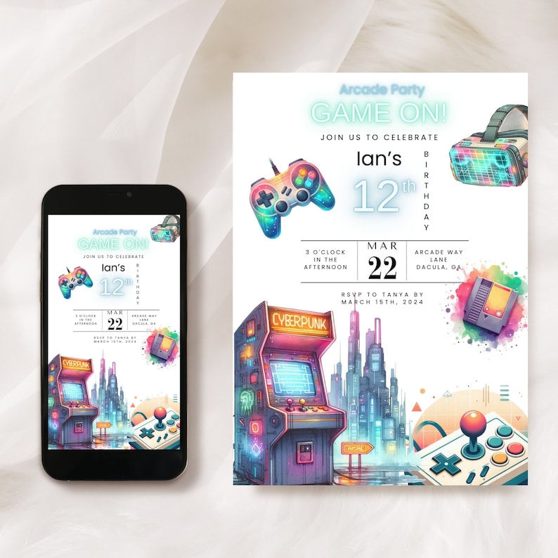 Arcade Night Led Invitation, Game Night Invitation, Birthday Party ...
