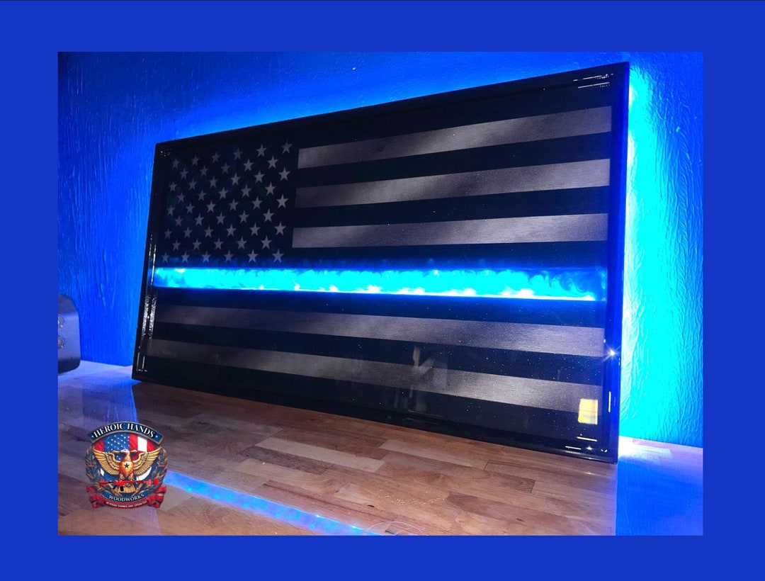Police ILLUMINATED Midnight Thin Blue Line Series Wooden Flag for ...