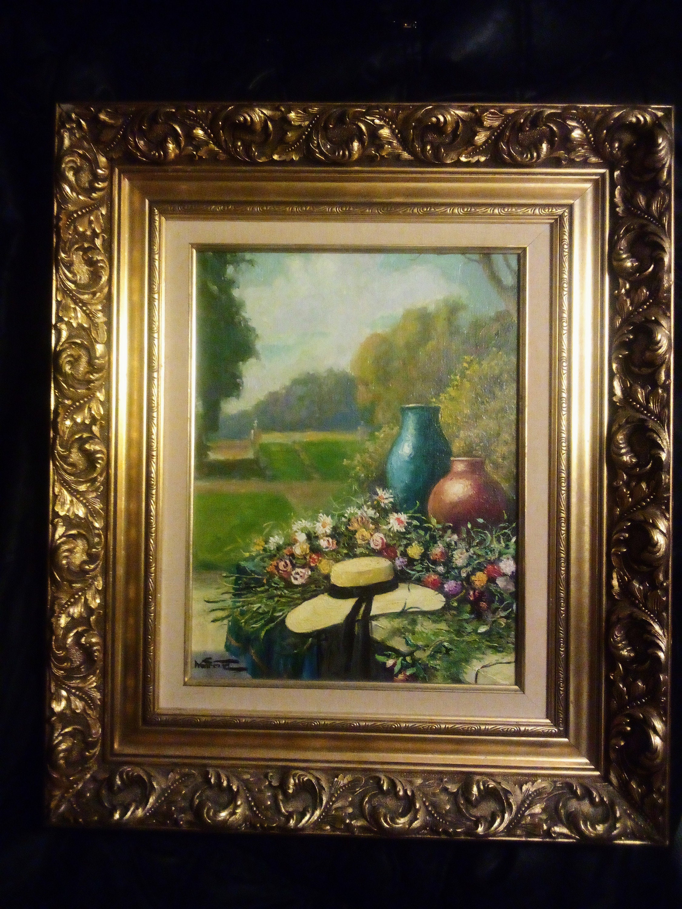 Vintage Garden Scene Original Oil Painting Landscape With Bonnet - Etsy