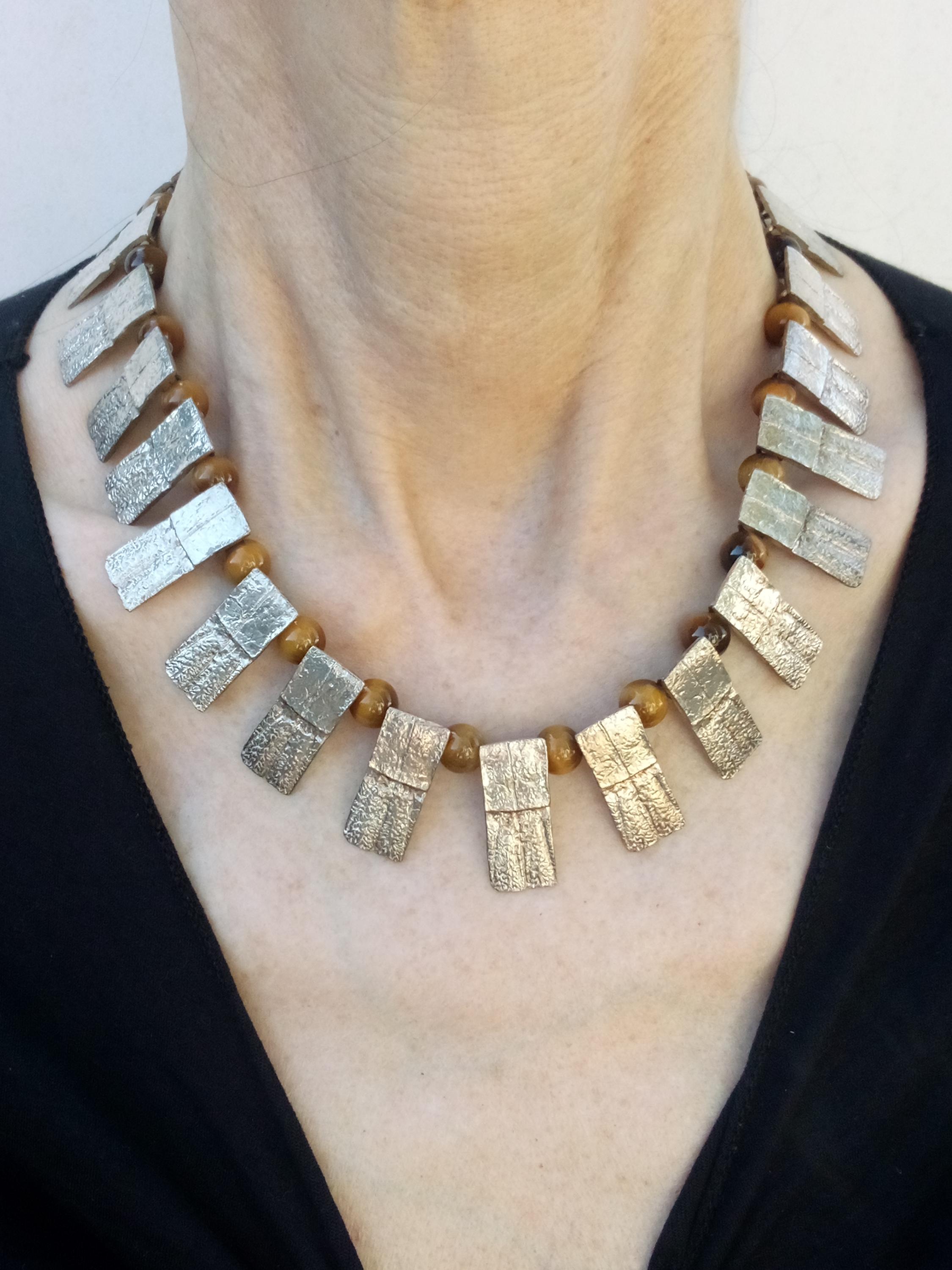 Vintage Signed Sterling Silver Gogo Inc Tigers Eye Beaded Bib Necklace ...