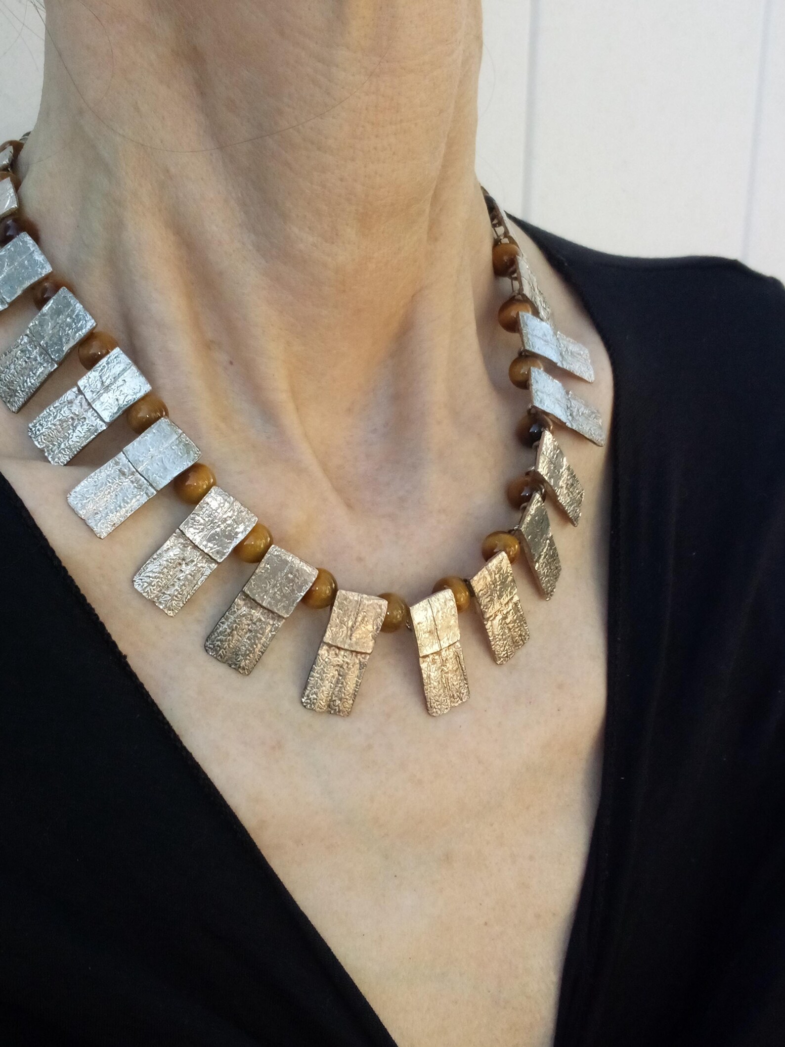Vintage Signed Sterling Silver Gogo Inc Tigers Eye Beaded Bib Necklace ...