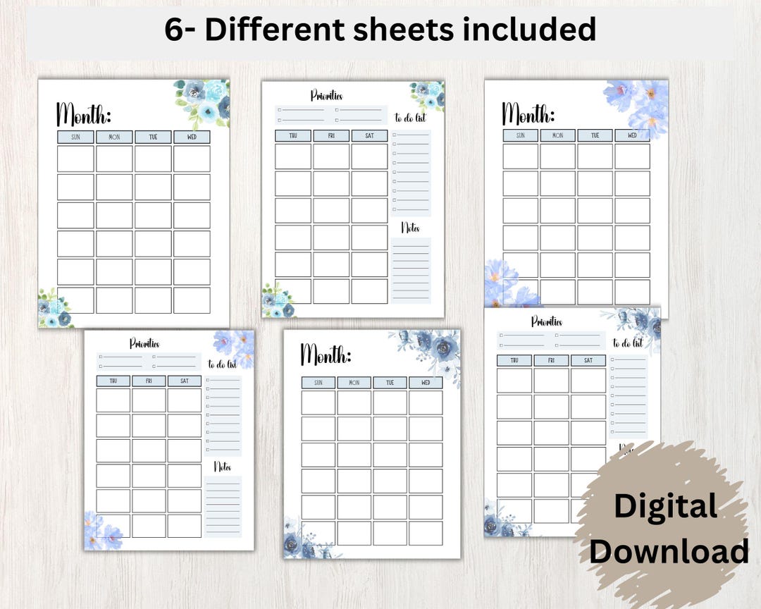 Blue Floral Undated Monthly Planner Printable (PDF) - Etsy