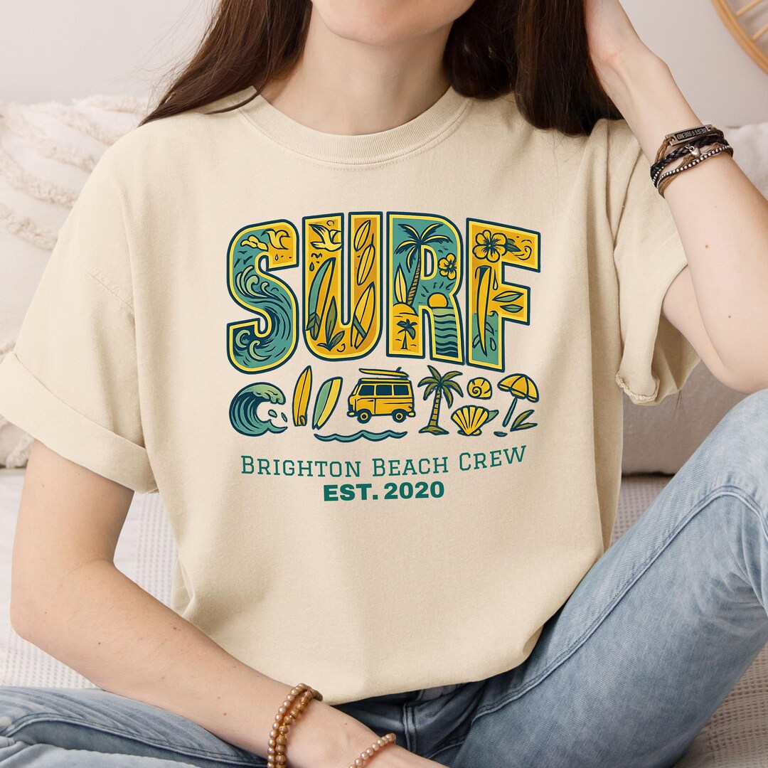 Custom Retro Surf Crew Comfort Colors Tee: Personalized Beach Vacation ...