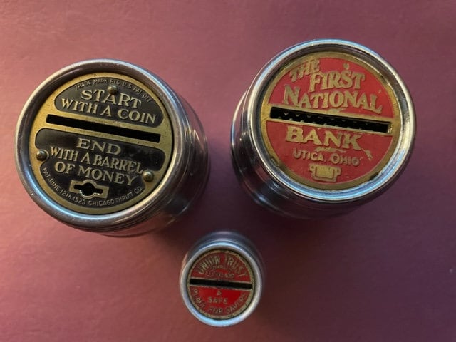 Three Vintage Barrel Banks W/ Bank Advertising. Rare Very Good ...