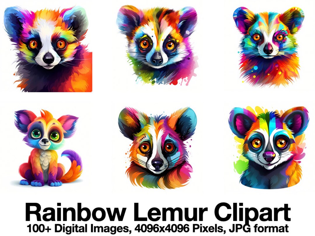 Rainbow Lemur Clipart 100+ High-resolution Watercolour Wall Art Jpgs Pre-made for Designers ...