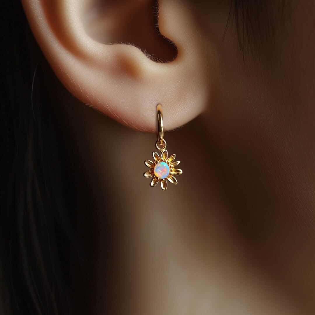 Daisy Flower Opal Hoop Earrings, April Birth Flower Jewelry Cute Flower ...