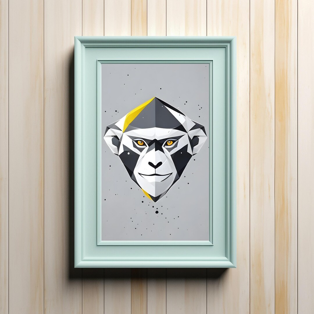 Bold Geometric Monkey Face Art - Low-poly Digital Wall Art With Yellow ...