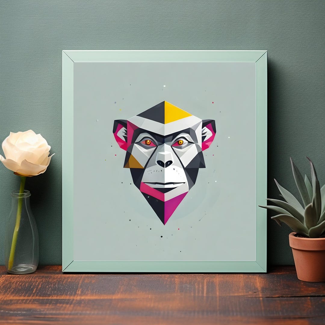 Playful Geometric Monkey Face Art - Modern Low-poly Digital Print for ...