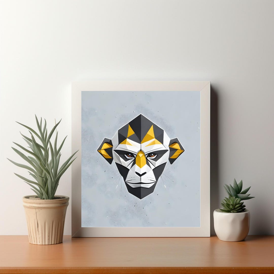 Geometric Monkey Face Art - Modern Digital Artwork in Black, White, and ...