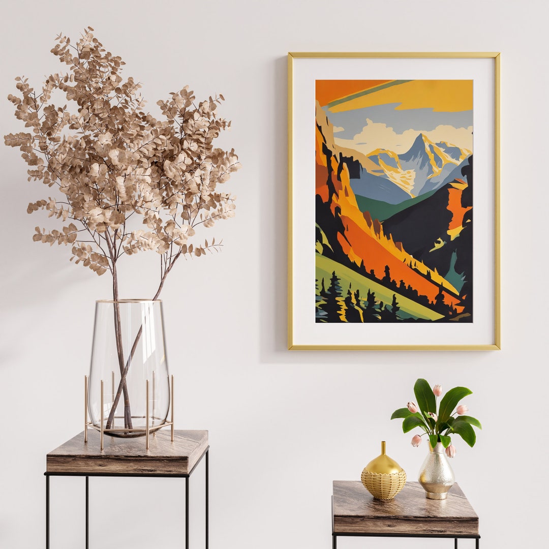 Mountain Slope Sunset Digital Art Print Poster, WPA Style Poster ...