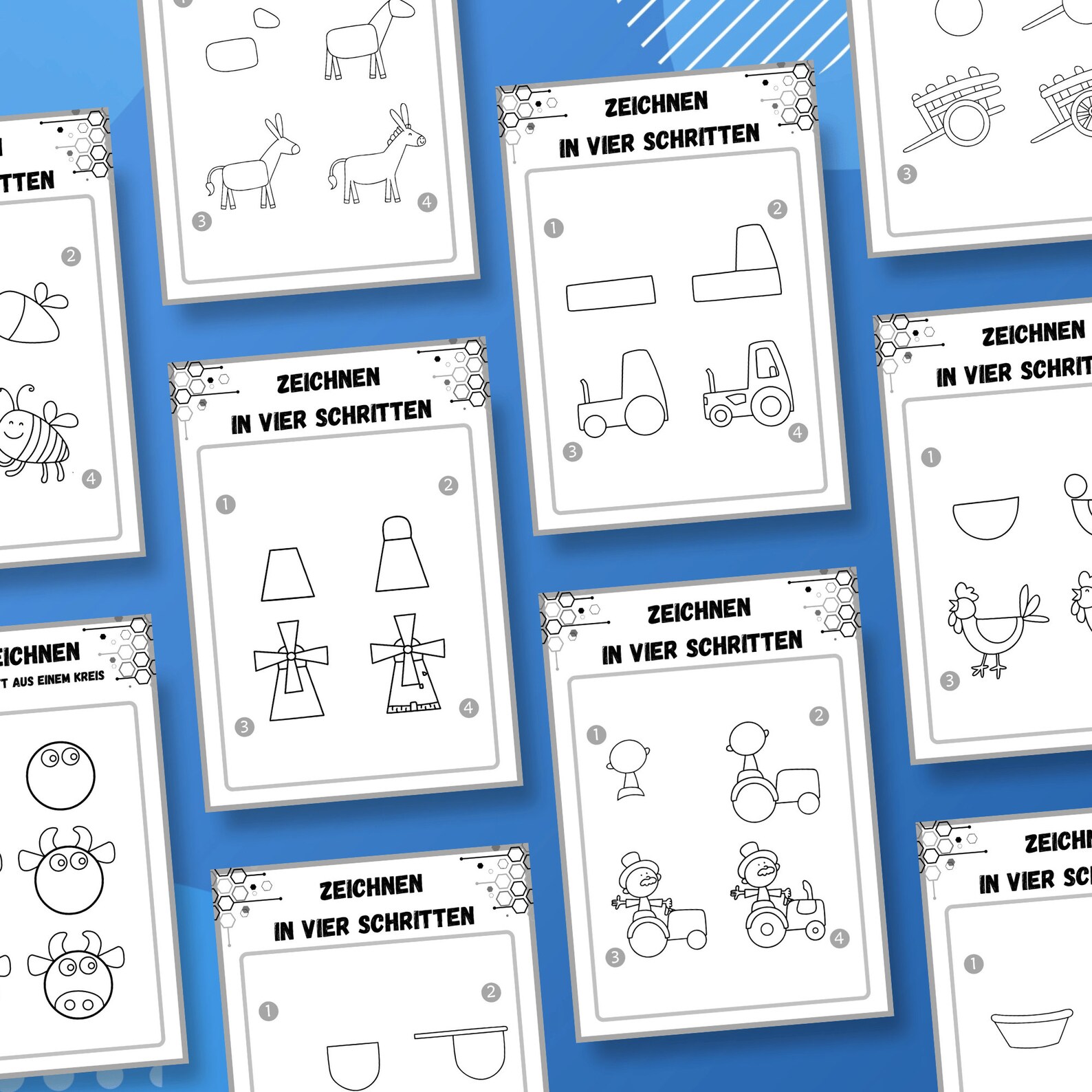 Learn to Draw: Step-by-step - 23 Motifs Farm - Cow Cat Donkey Horse ...