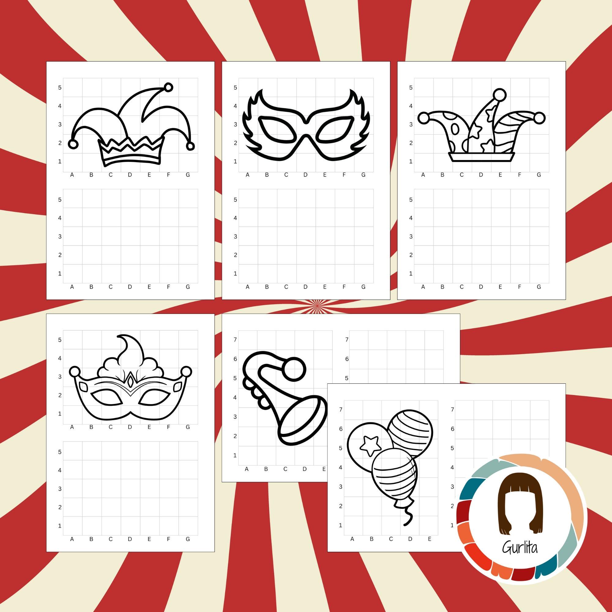 Learn to Draw: Carnival Grid Technique - 20 Worksheets - Costumes Masks ...