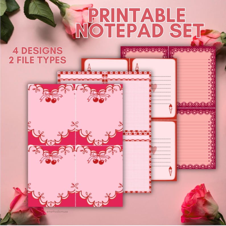 La Dolce Vita – Printable Coquette Notepad Pack – Kawaii Cherry & Heart ...