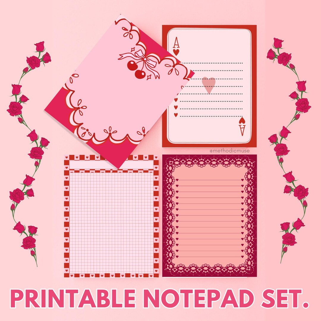 La Dolce Vita – Printable Coquette Notepad Pack – Kawaii Cherry & Heart ...