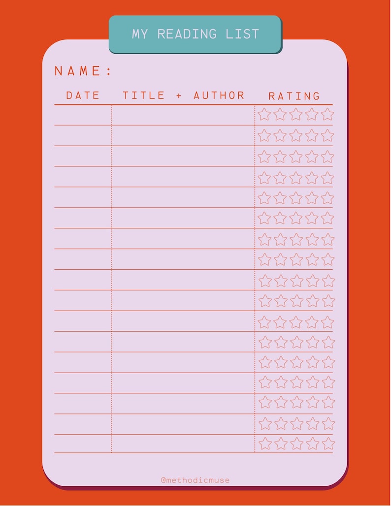 Reading List Printable – Book Tracker With Star Ratings (A4 & US Letter ...