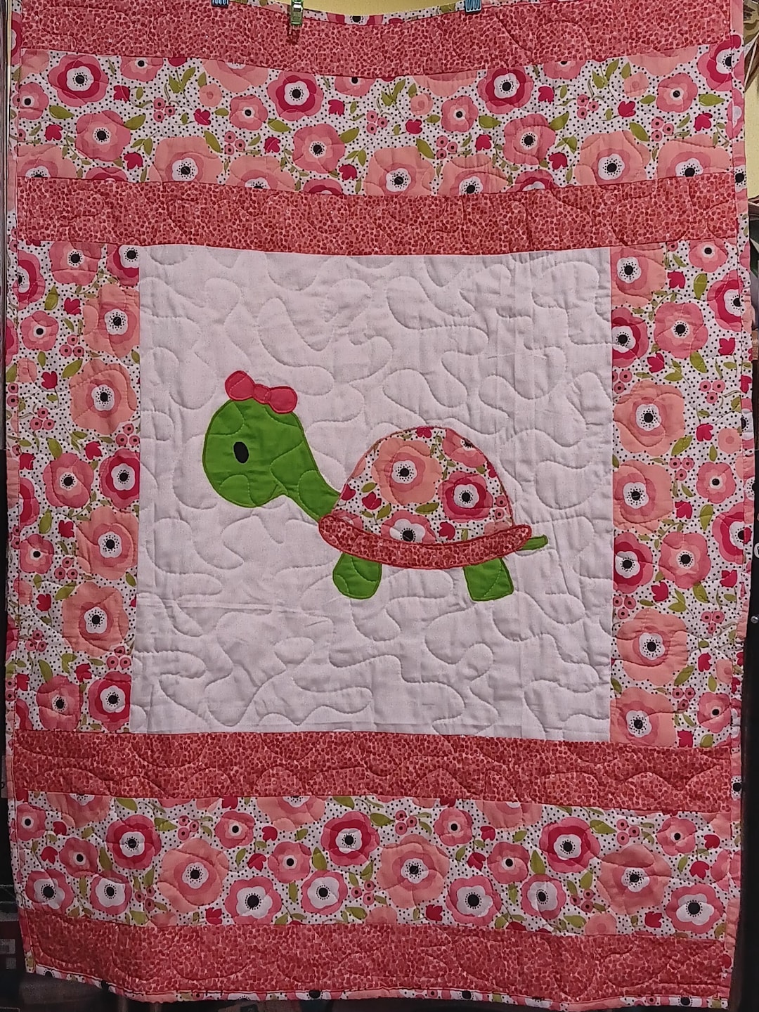 Baby Quilt, Turtle With Bow, Applique, Coral and White, Floral, Quilted ...