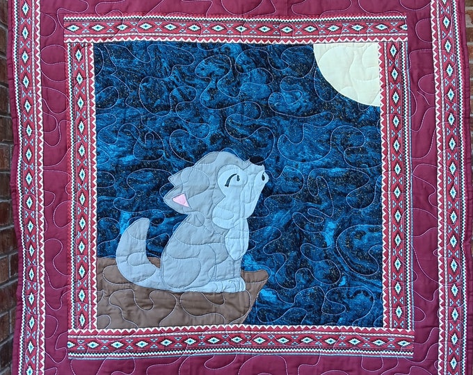 Lap Quilt, Howling Wolf Pup, Native Wolf, 39" X 39", Burgundy and Teal ...