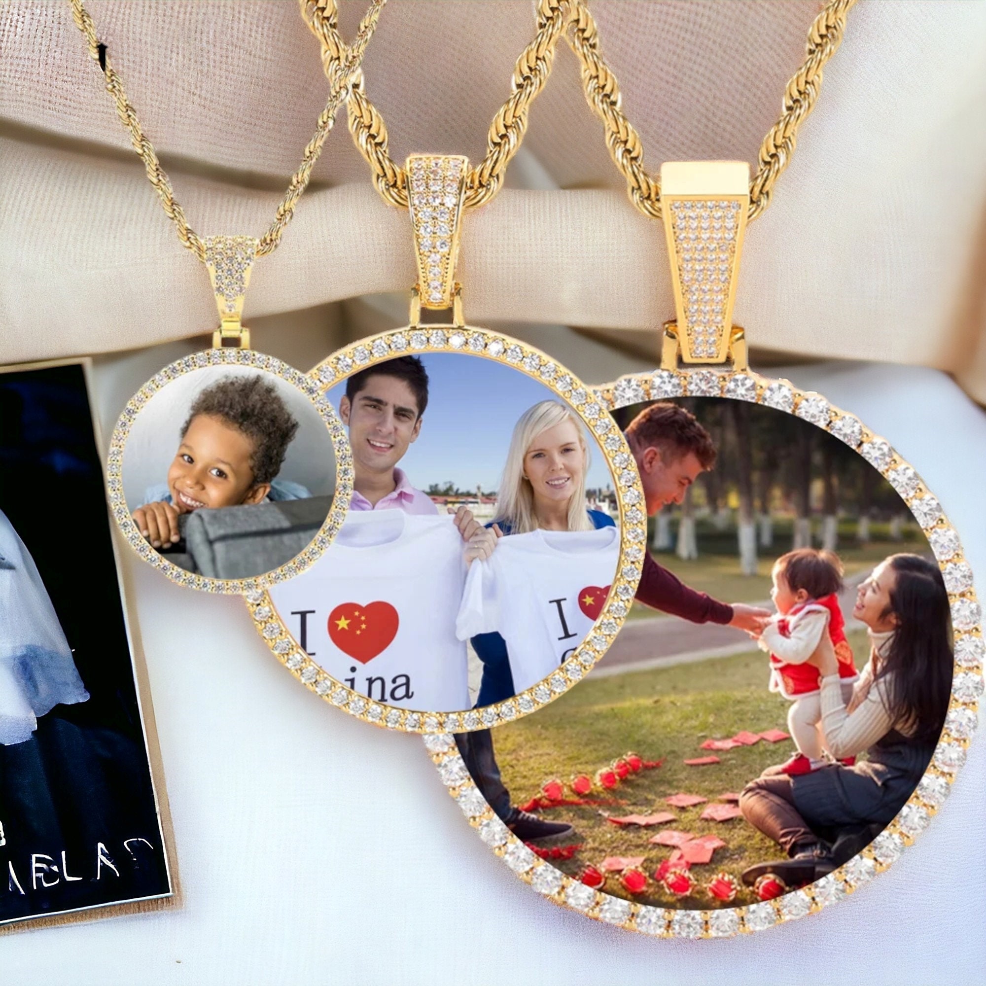 Personalized Diamond Studded Photo Necklace Custom Photo Necklace Hip Hop Photo Pendant Iced Custom Round Photo Pendant Memorial Gift Etsy