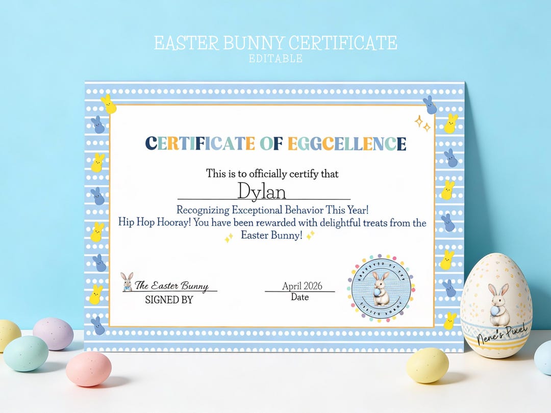 Editable Easter Bunny Certificate of Eggcellence (digital Download 5x7 ...
