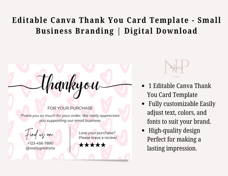 Valentine’s Day Pink Hearts Editable Thank You Card Template - Small ...