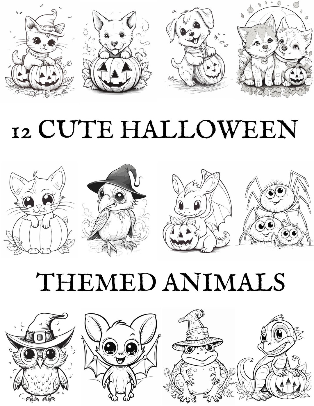 Instant Download - 12 Halloween Animal Coloring Pages for All Ages With ...