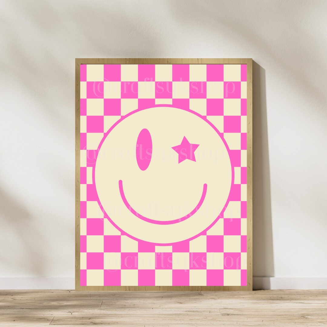 Retro Pink Wall Art Prints, Good Vibes, Smiley, Heart (digital Download ...