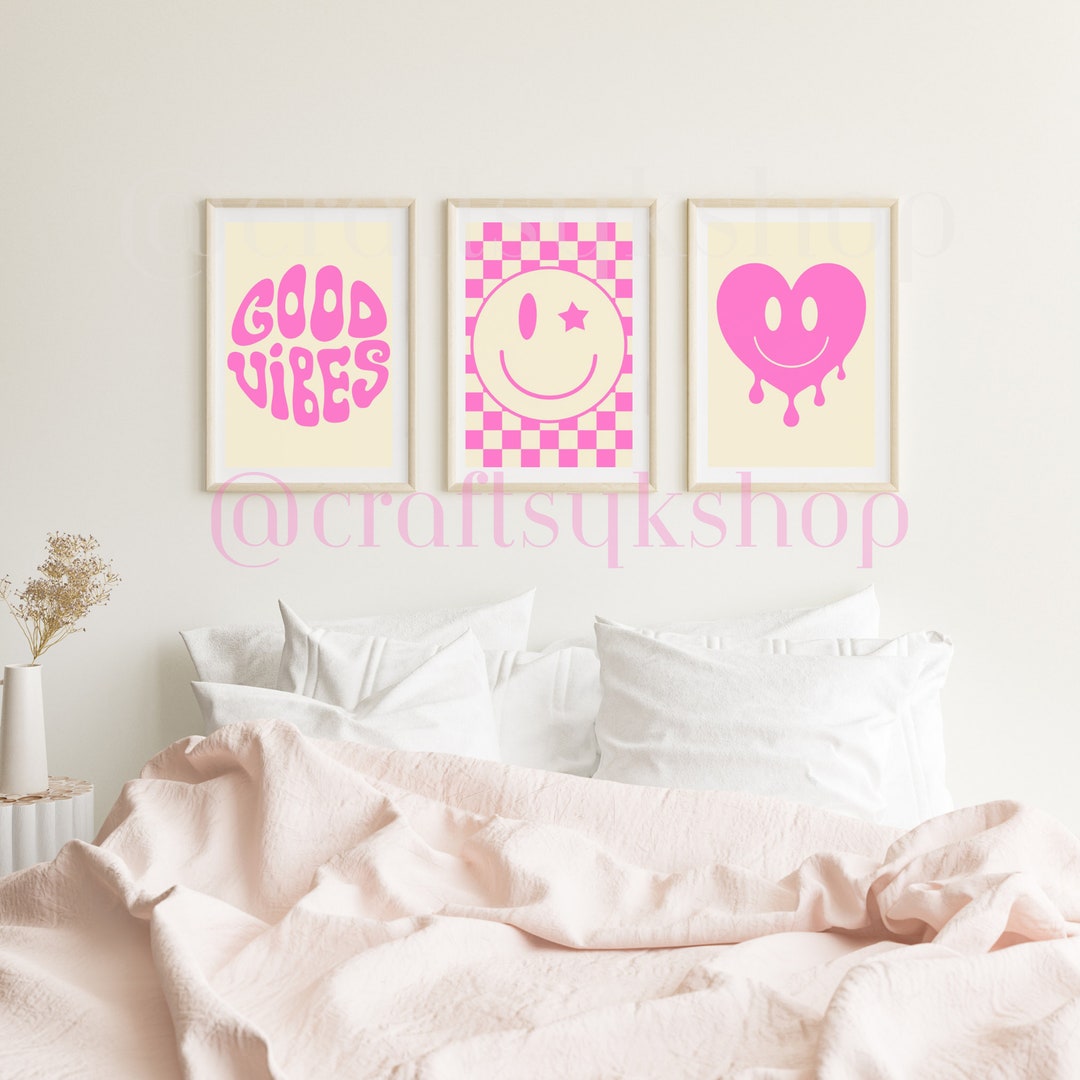 Retro Pink Wall Art Prints, Good Vibes, Smiley, Heart (digital Download ...