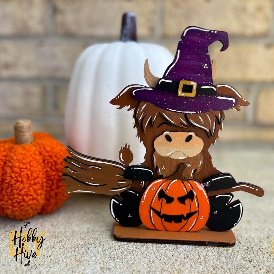 Halloween Highland Cow Desk Decor, Spooky Cow, Fall Farm Decor, Jack O ...