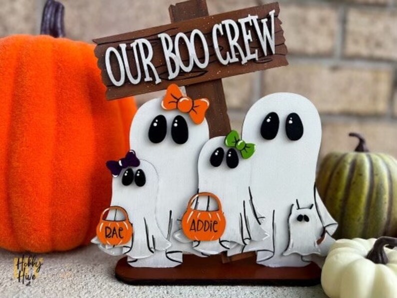 Boo Crew Family Halloween Desk Decor, Hand Painted Ghost Family Sign ...