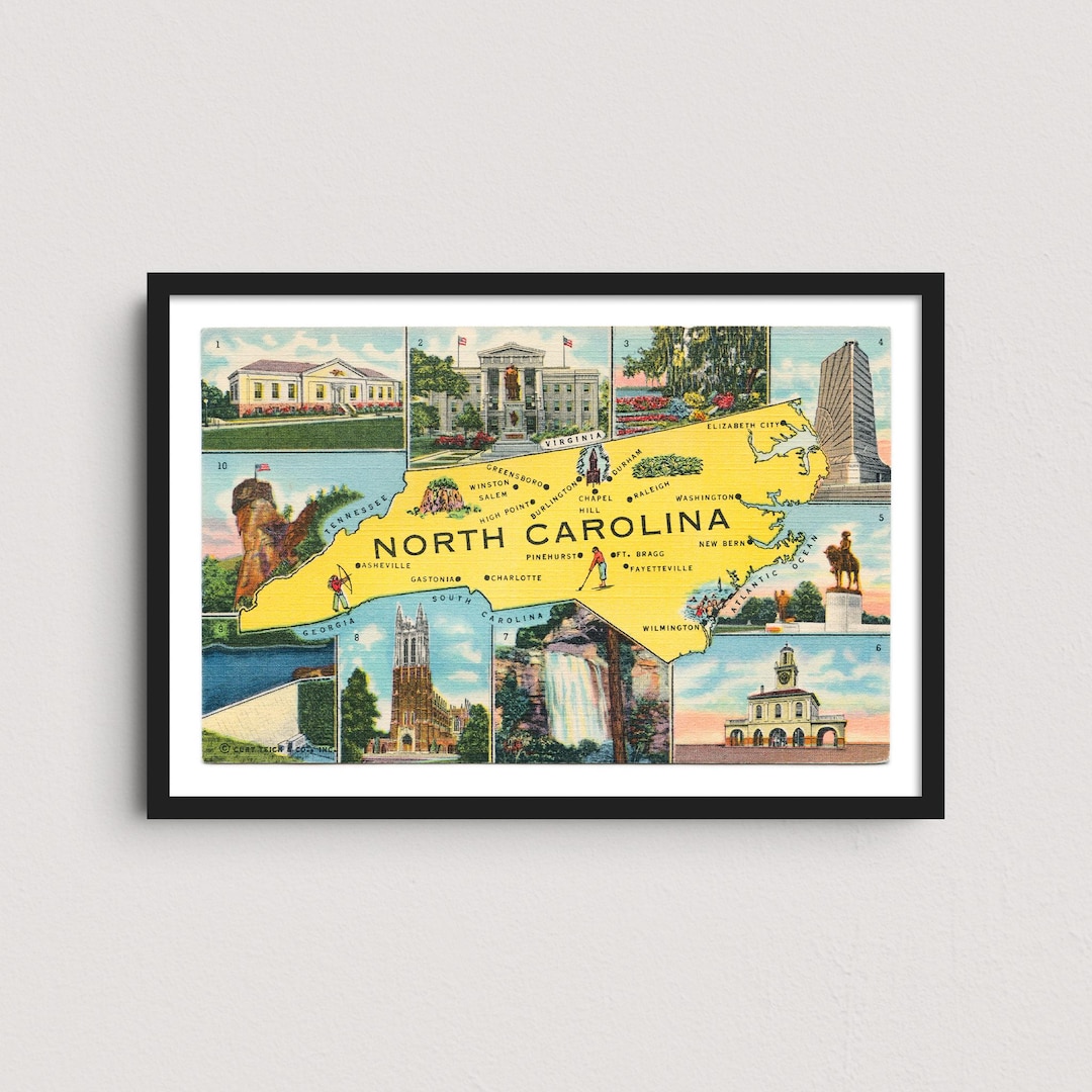 North Carolina Map Vintage Postcard Print – Retro Travel Poster ...