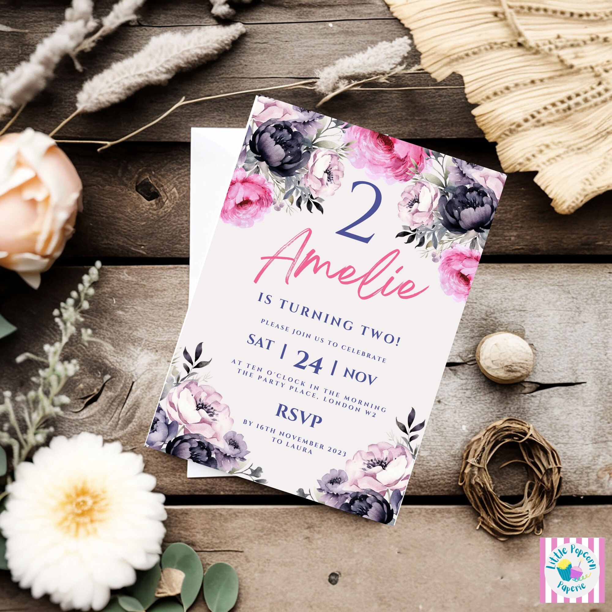 Pink Floral Birthday Invitation Template, Editable Invite, Girls Party ...