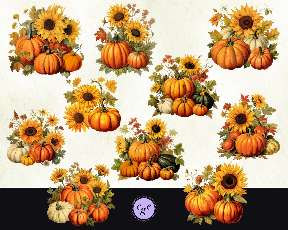 Floral Pumpkin Clipart With Sunflowers, Vintage Autumn Pumpkin and ...