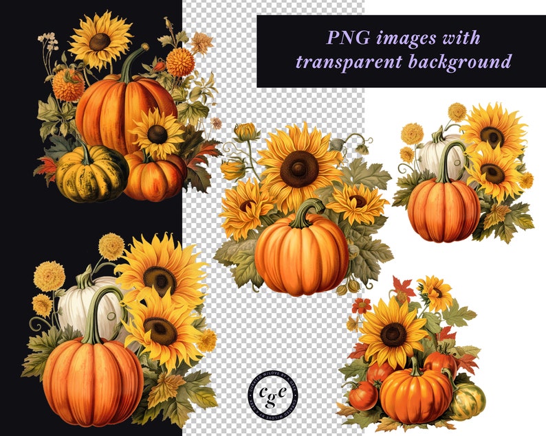 Floral Pumpkin Clipart With Sunflowers, Vintage Autumn Pumpkin and ...