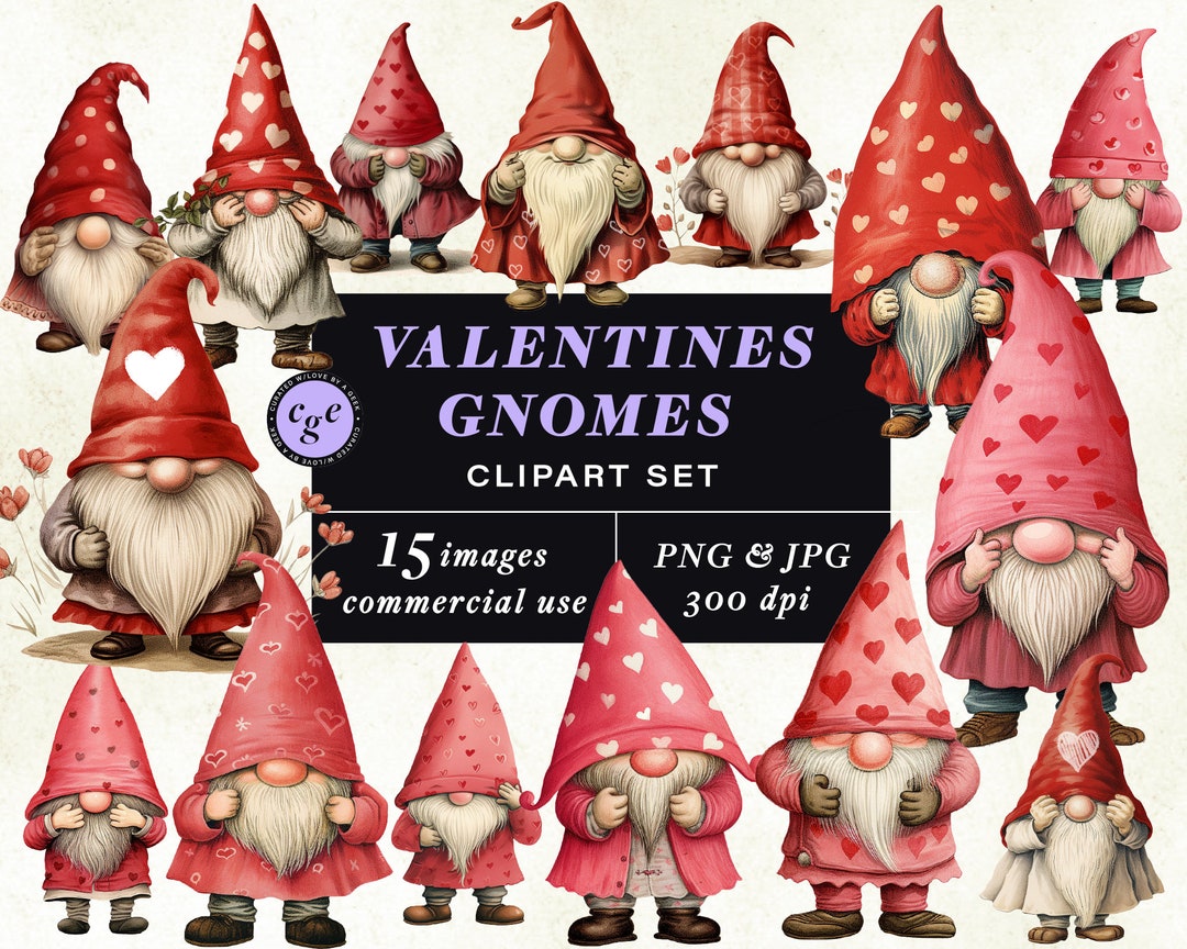 Vintage Gnome Valentine Clipart, Watercolor Valentine Gnome Clipart for ...
