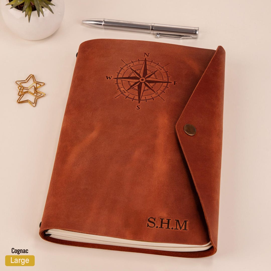 Personalized Leather Notebook With Compass, Journal With Engraving ...