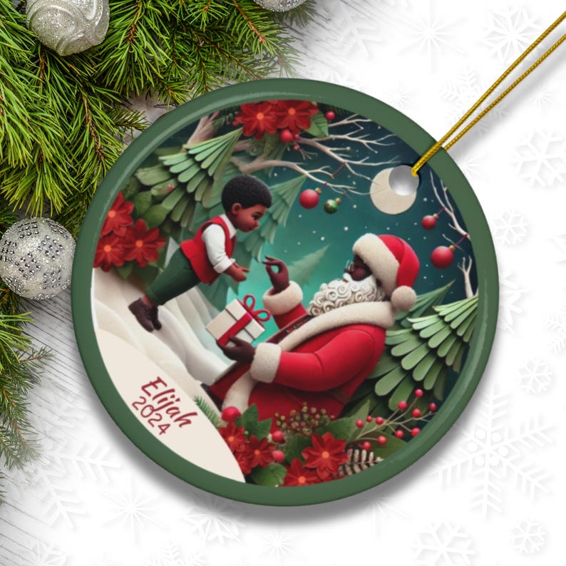 Personalized Black Santa & Boy Christmas Ornament: African American ...