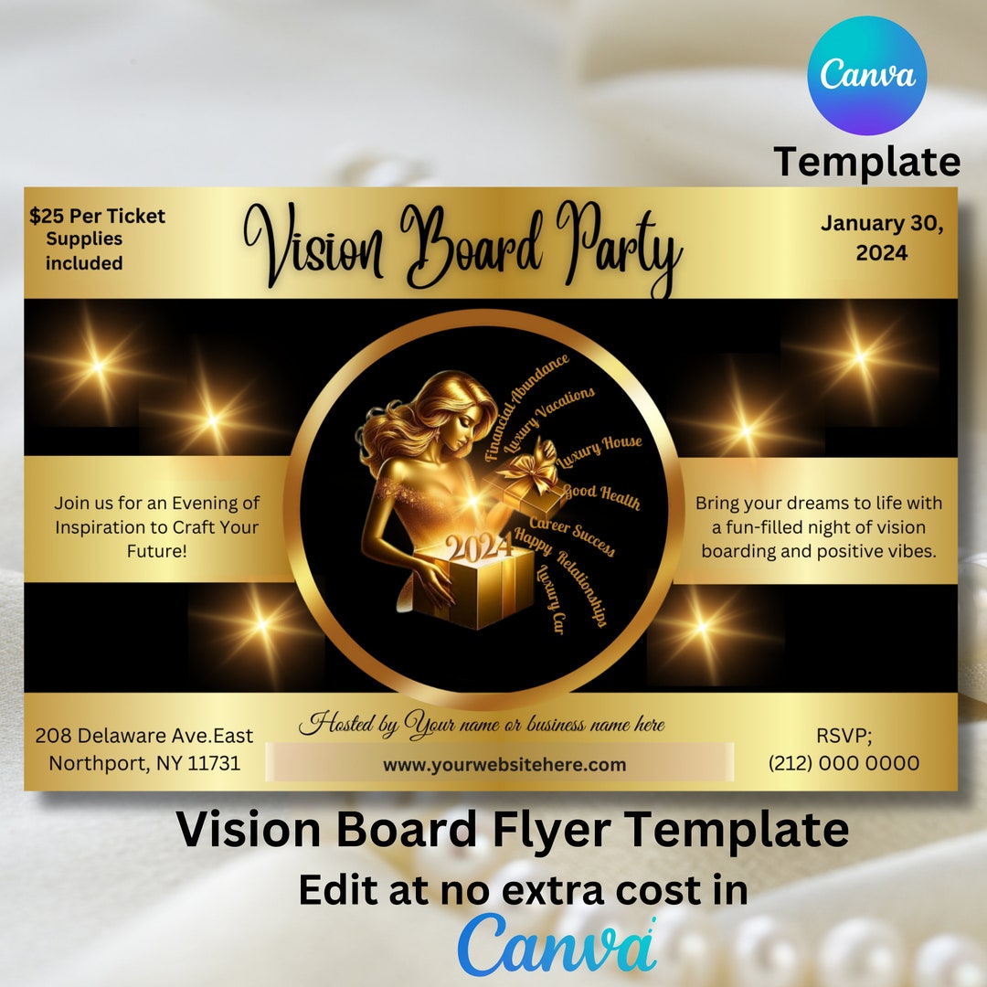 Black and Gold Vision Board Party Flyer, Vision Board Flyer, Networking ...