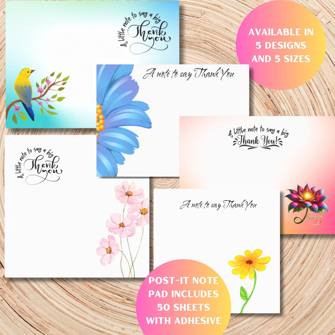 Thank You Sticky Notes | Floral Post-it Notes | Adhesive Thank You Pads ...