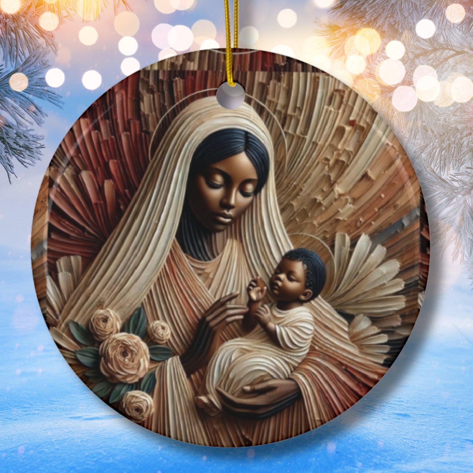 Madonna and Child 3D Paper Art Look Ceramic Ornament, African American ...