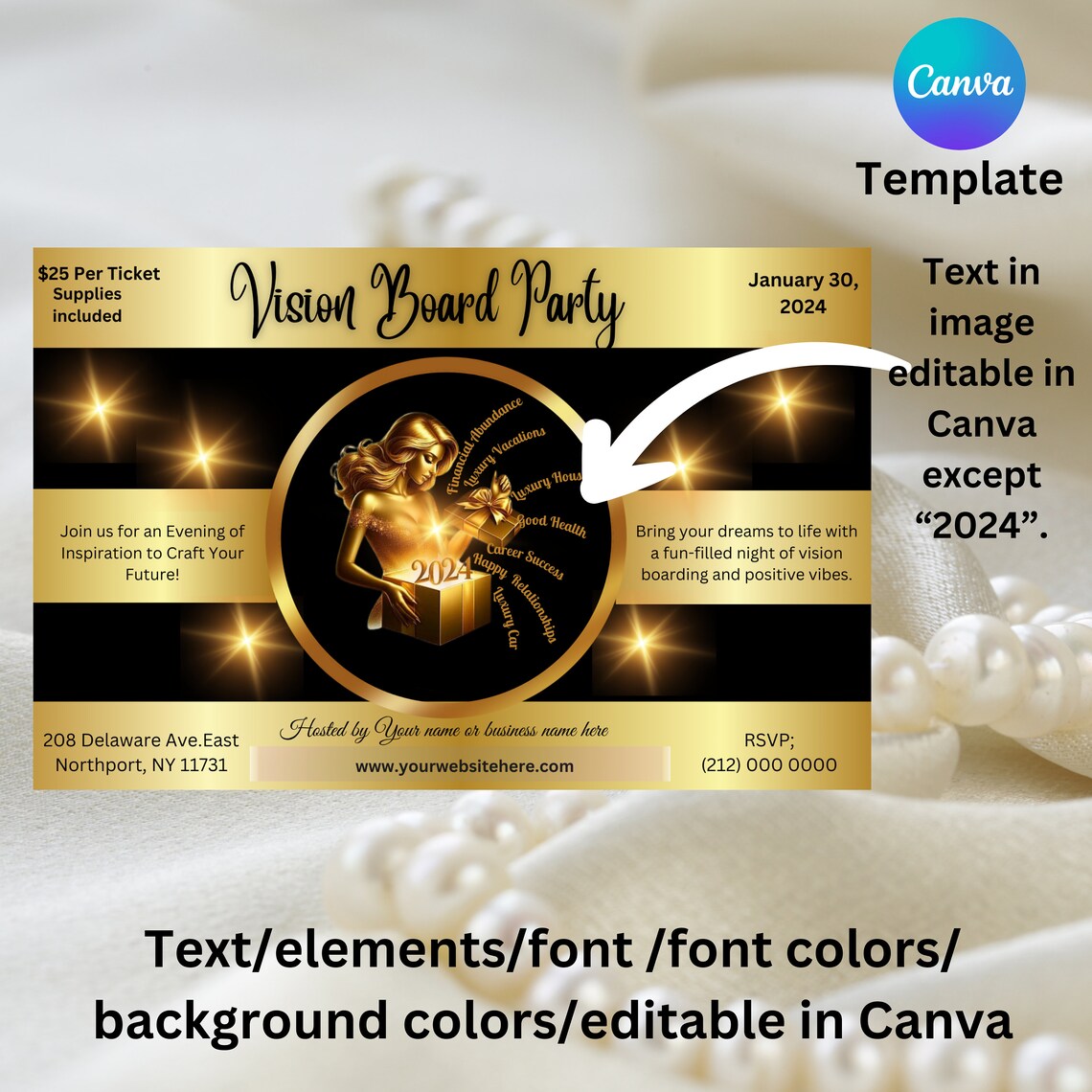 Black and Gold Vision Board Party Flyer, Vision Board Flyer, Networking ...