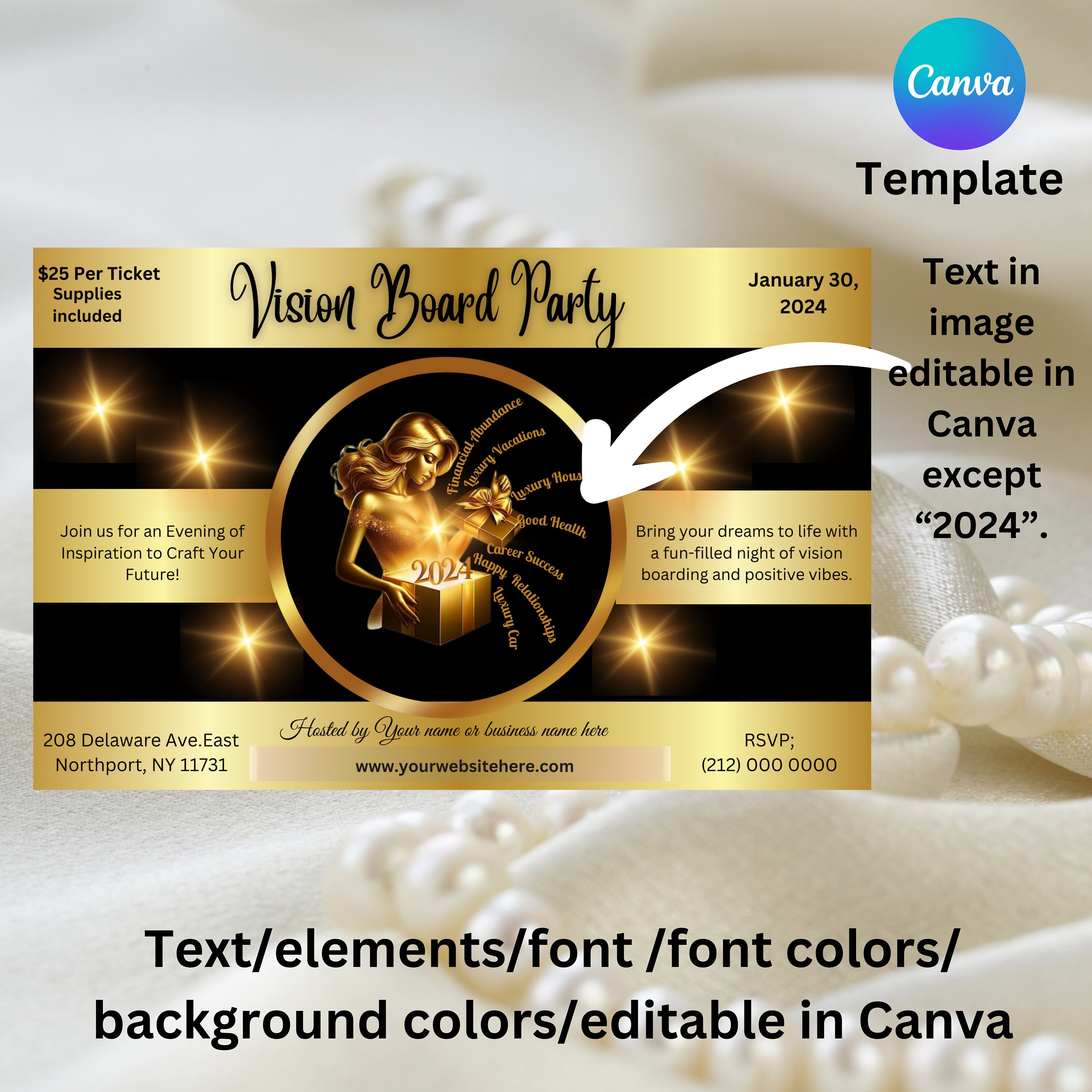 Black and Gold Vision Board Party Flyer, Vision Board Flyer, Networking ...