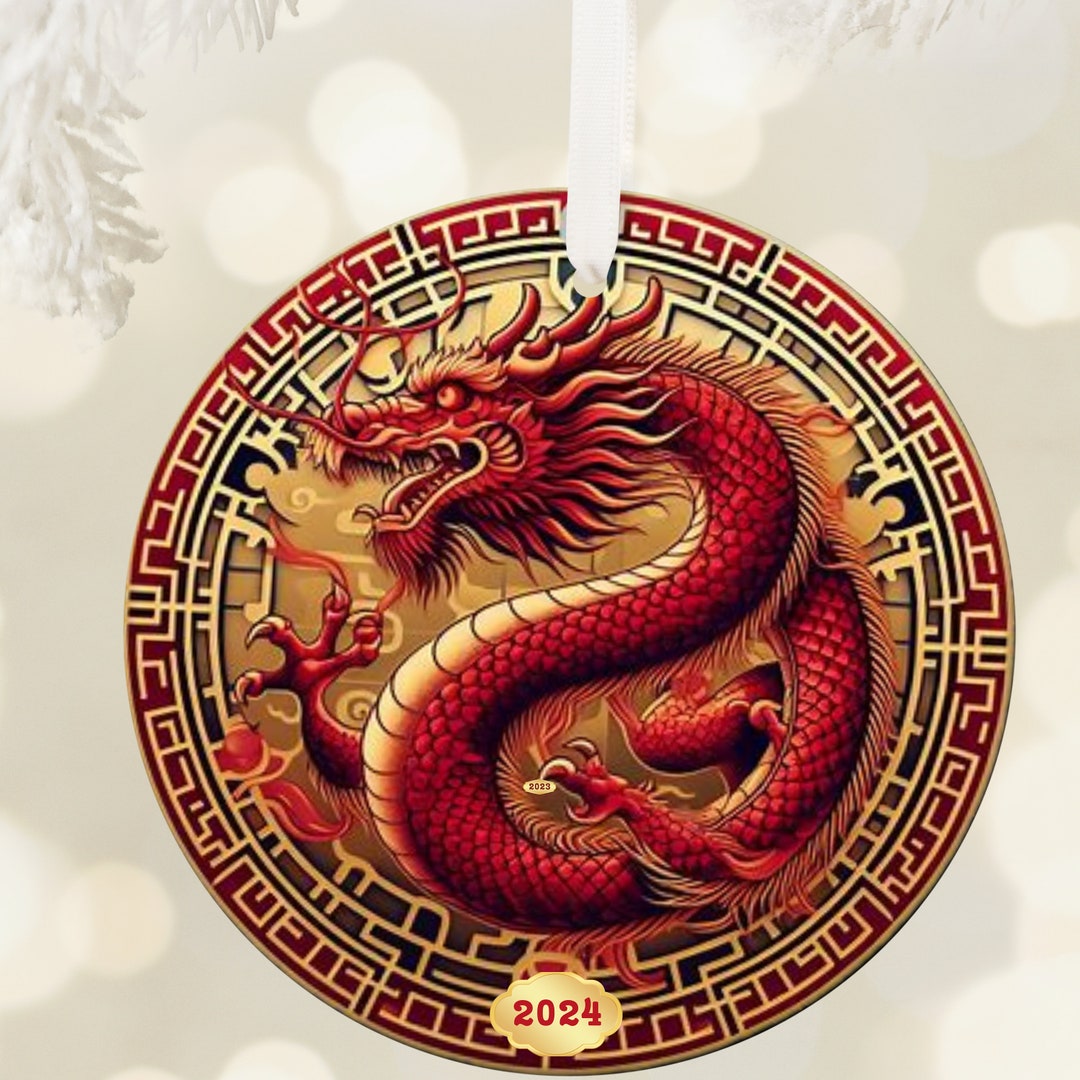 Red and Gold Chinese New Year 2024 Ornament, Year of Dragon, Wooden ...