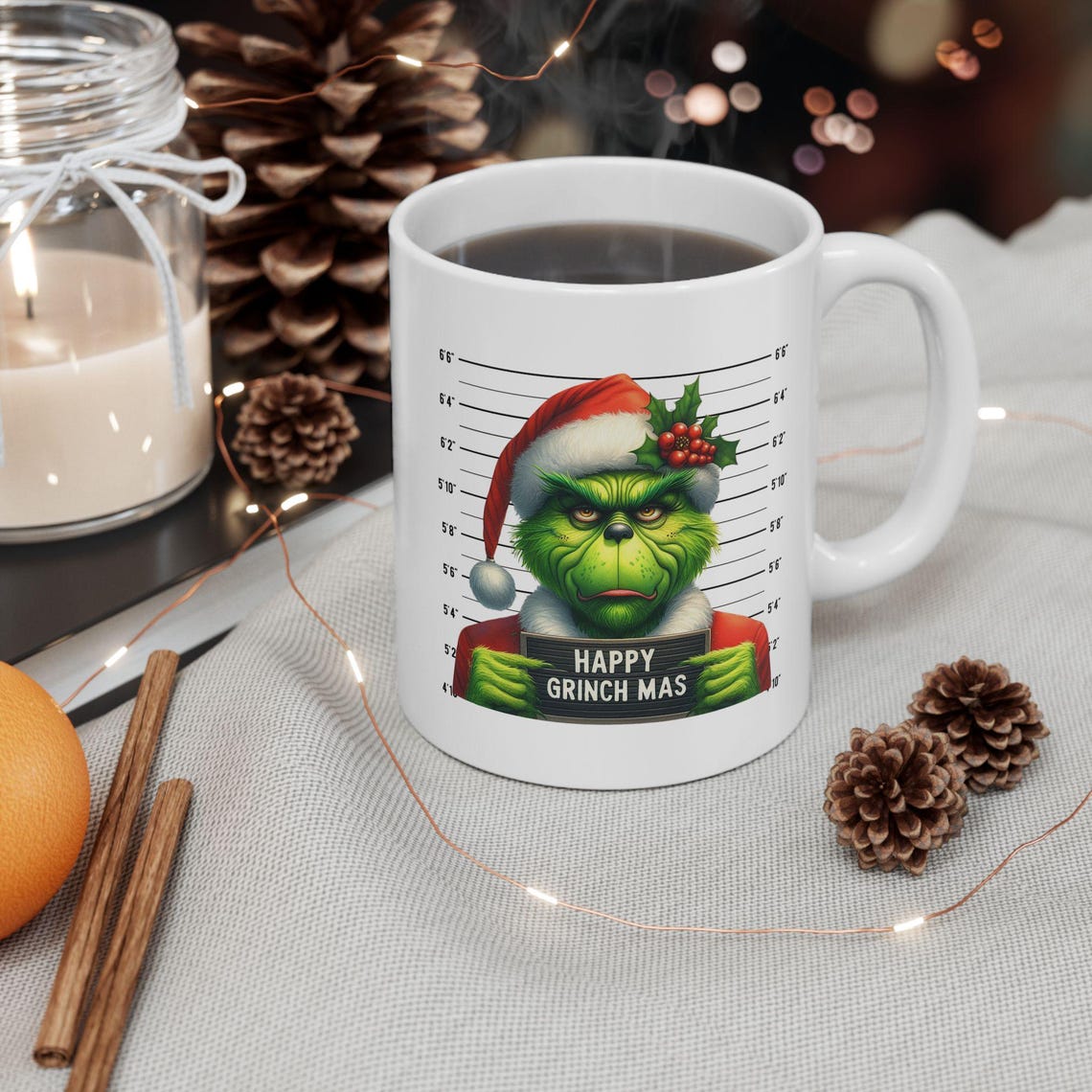 Grinch Mugshot Christmas Mug, Funny Holiday Coffee Cup, Grinch Themed ...