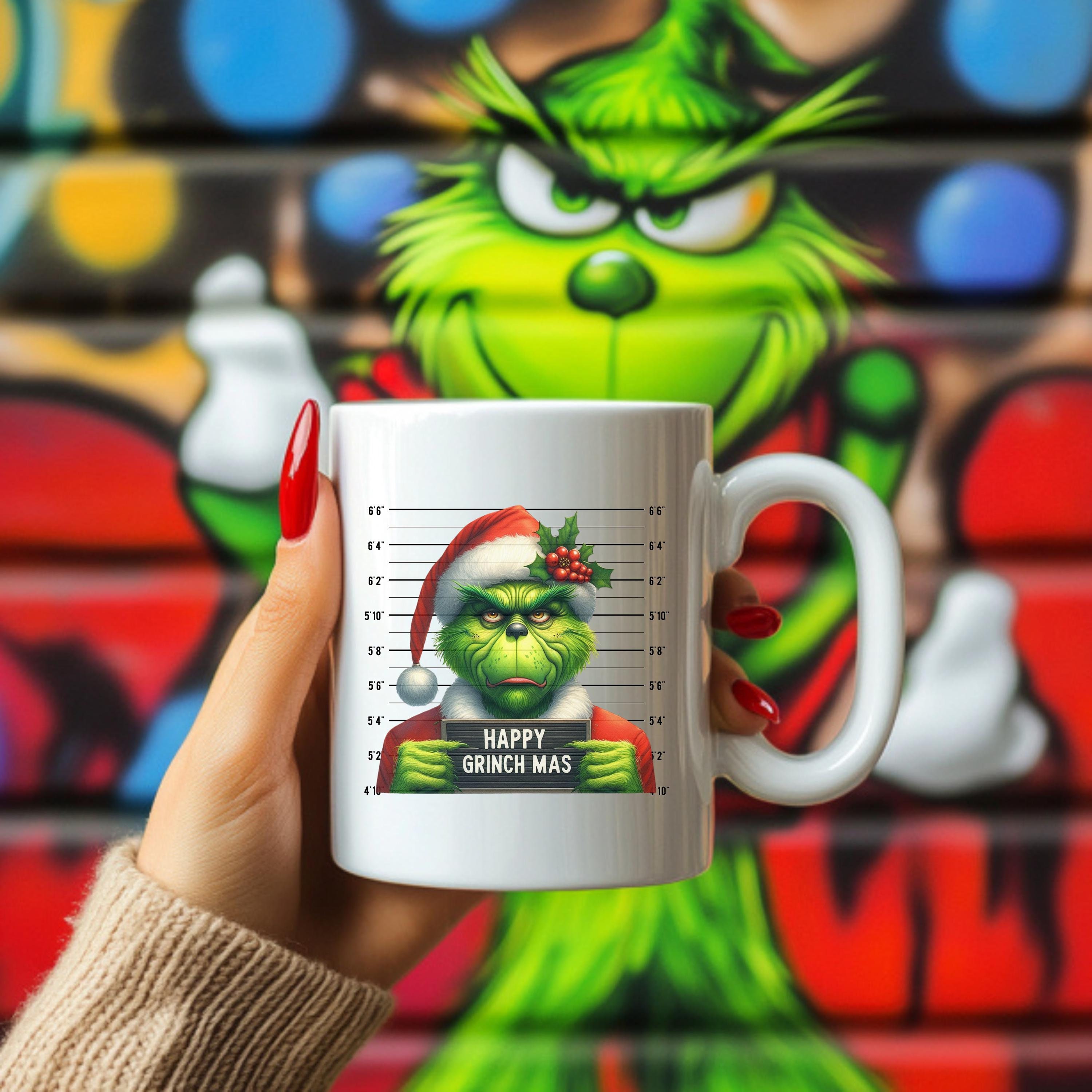Grinch Mugshot Christmas Mug, Funny Holiday Coffee Cup, Grinch Themed ...