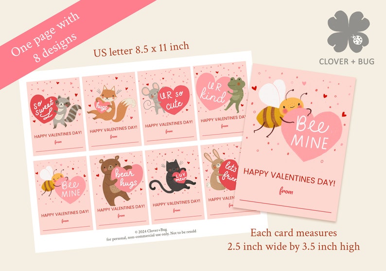 Printable Kids Classroom Valentine Cute Animals Set of Valentine's ...