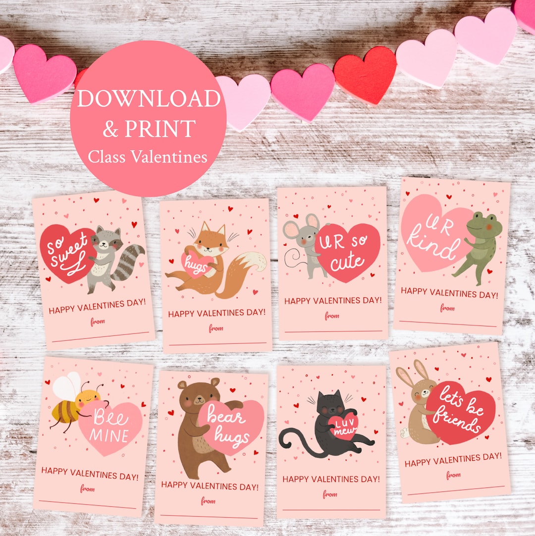 Kids Classroom Printable Valentine Cute Animals Set of Valentine's ...